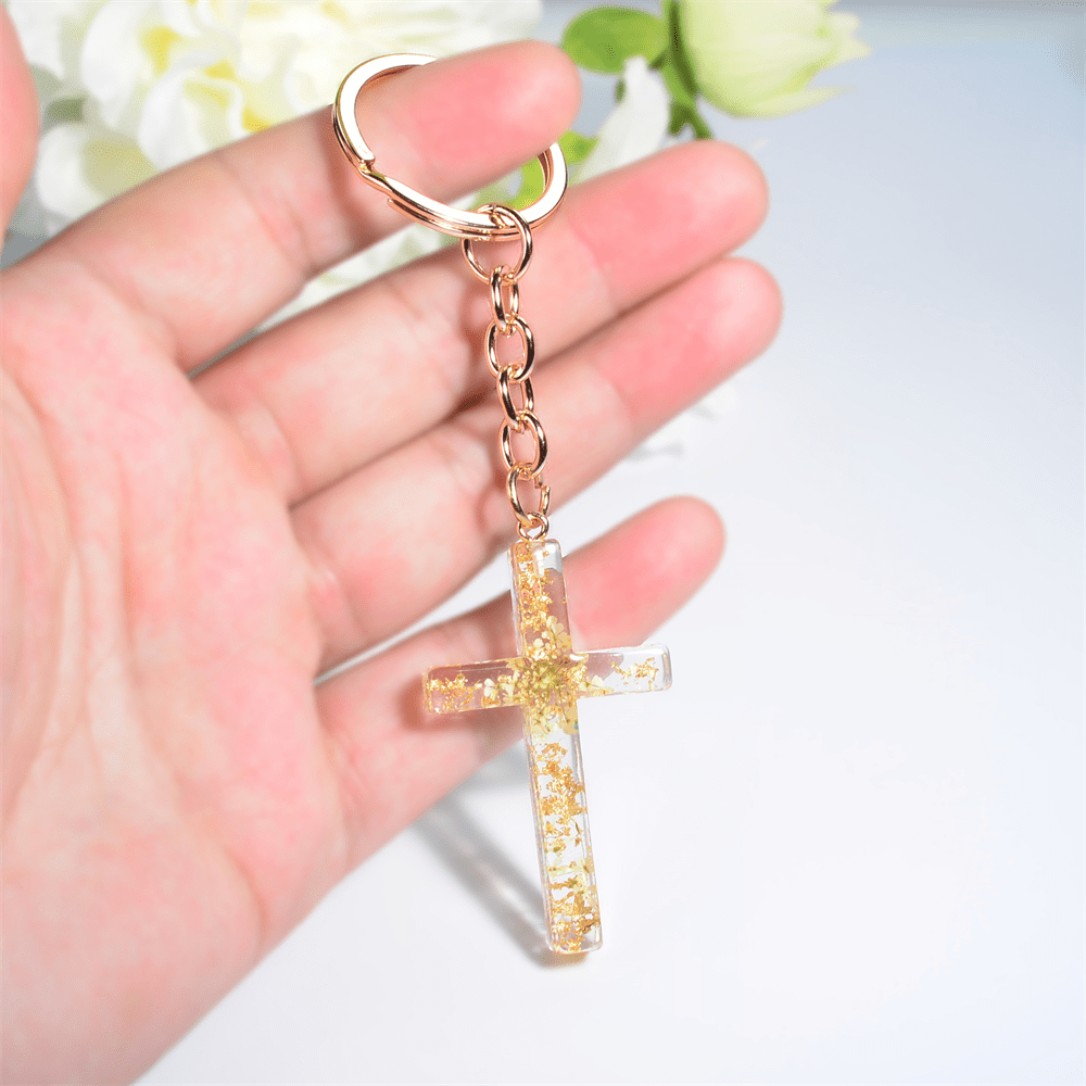 Resin Christian Cross Keychain with Dry Flower Filling | Religious ...